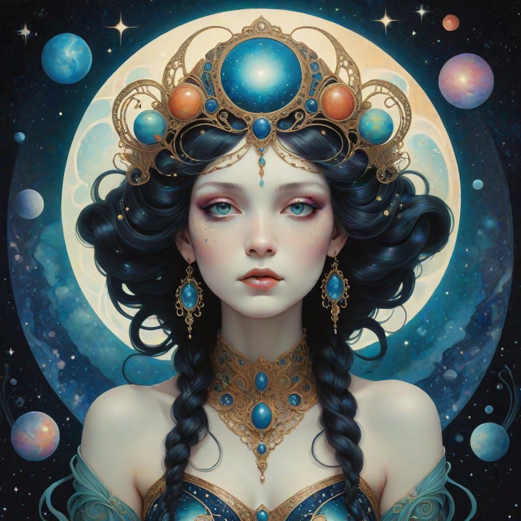 Majestic Alien Empress in Celestial Art Nouveau St... - AI Art