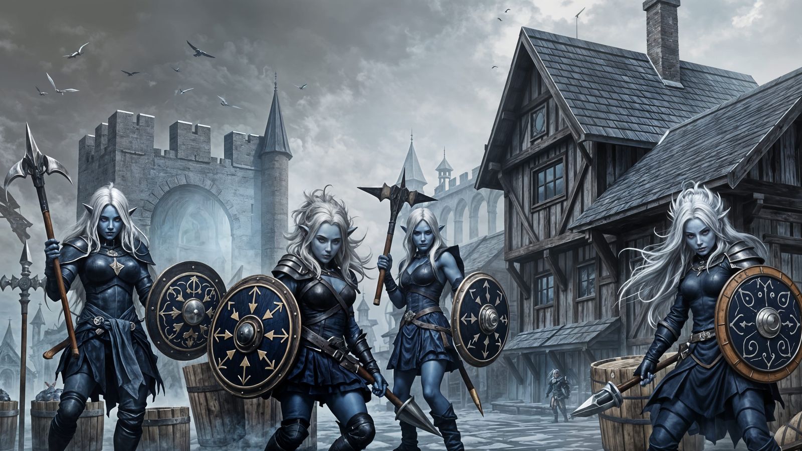 Drow Patrol - Dark Elves in Foggy Battlement Scene