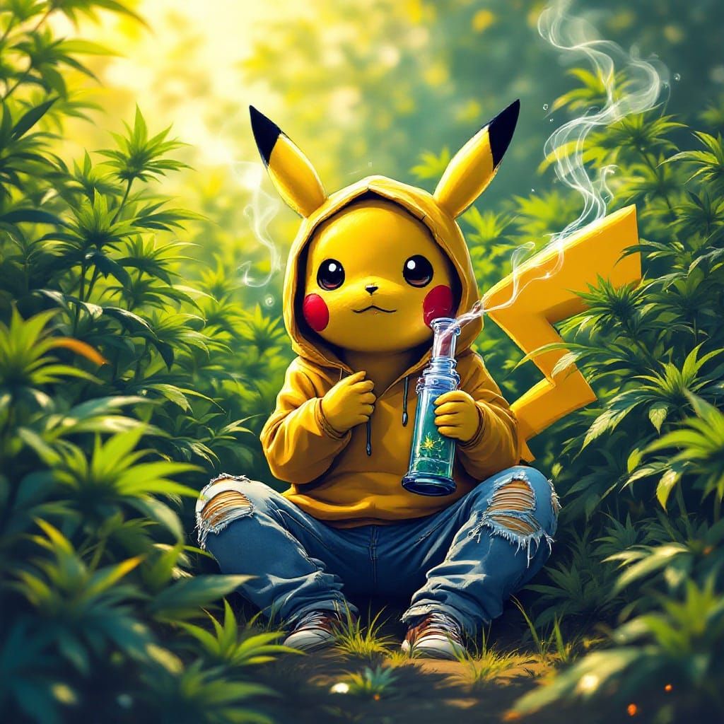 Pikachu in a Dreamy Cannabis Landscape - AI Art