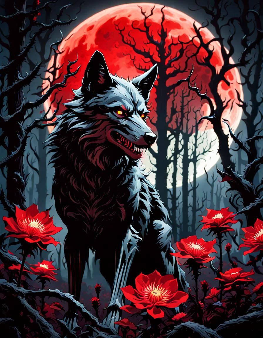 (macabre dark fantasy art of a evil demonic wolf skeleton surrounded by ...