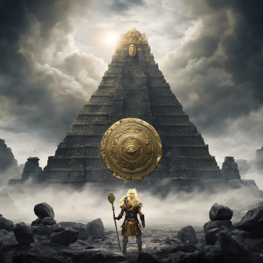 A yellow Male Mayan warrior with yellow hair holding a golden pewter ...