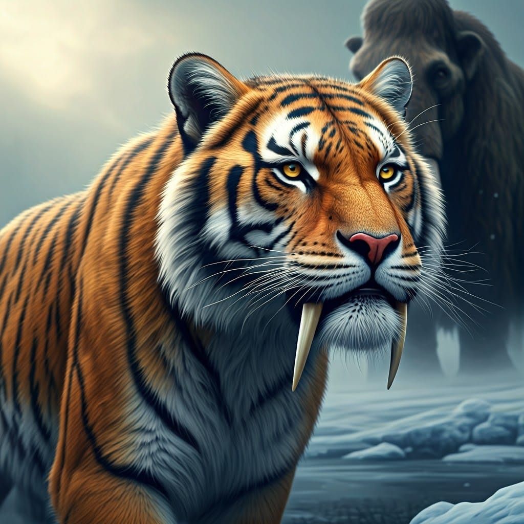 Hyper-realistic beautiful ethereal extinct Sabertooth Tiger with long ...