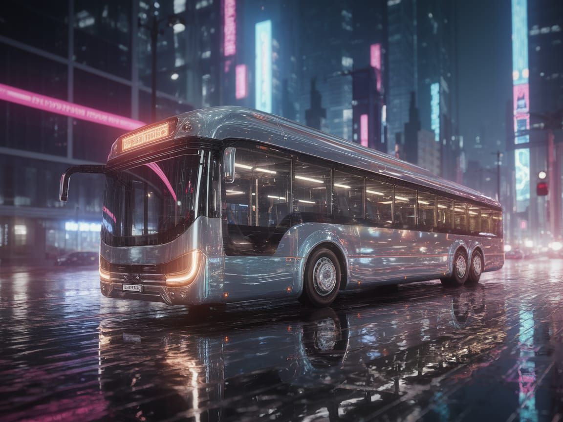 liquid future road - Sleek Cyberpunk Bus Illuminates Wet Cit...