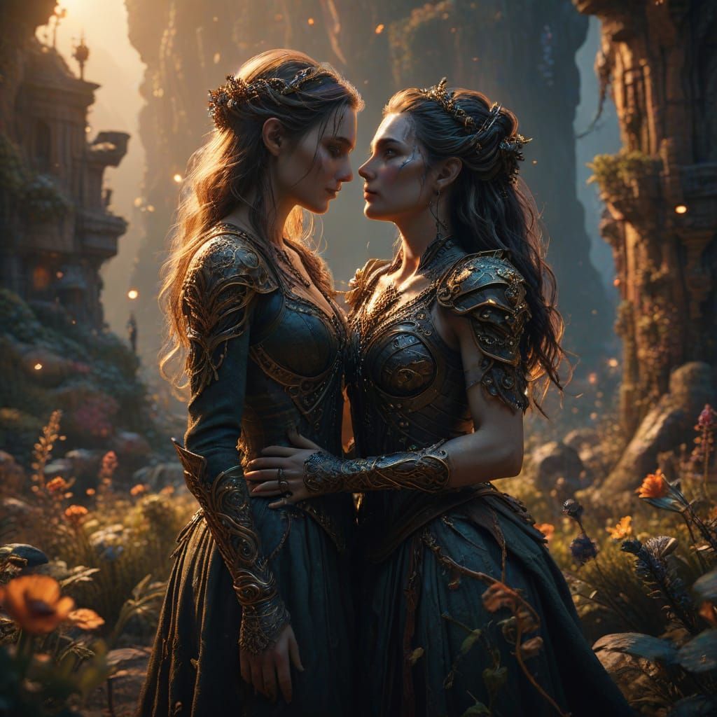 Whimsical Romantic Comedy Scene in Vibrant Fantasy... - AI Art