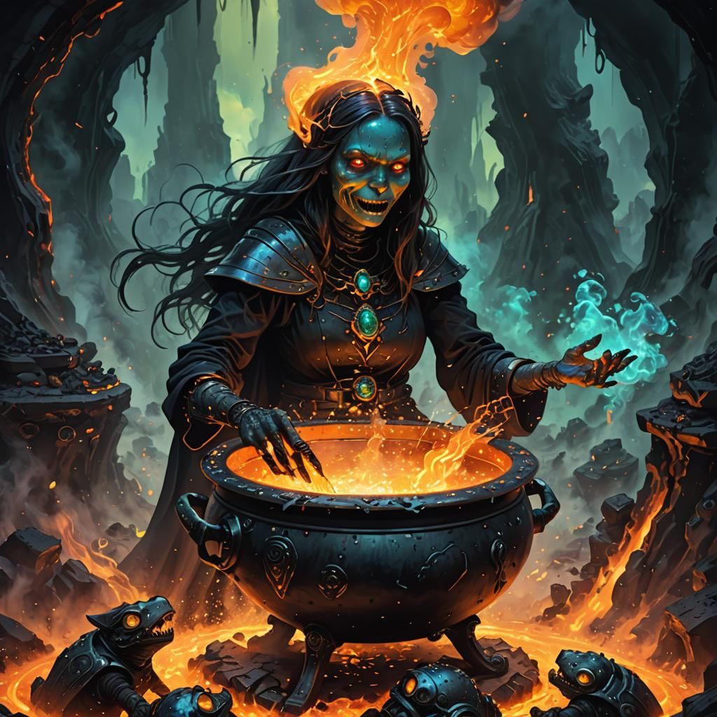 A witches cauldron bubbling with irridescent powder smoke, glowing with ...