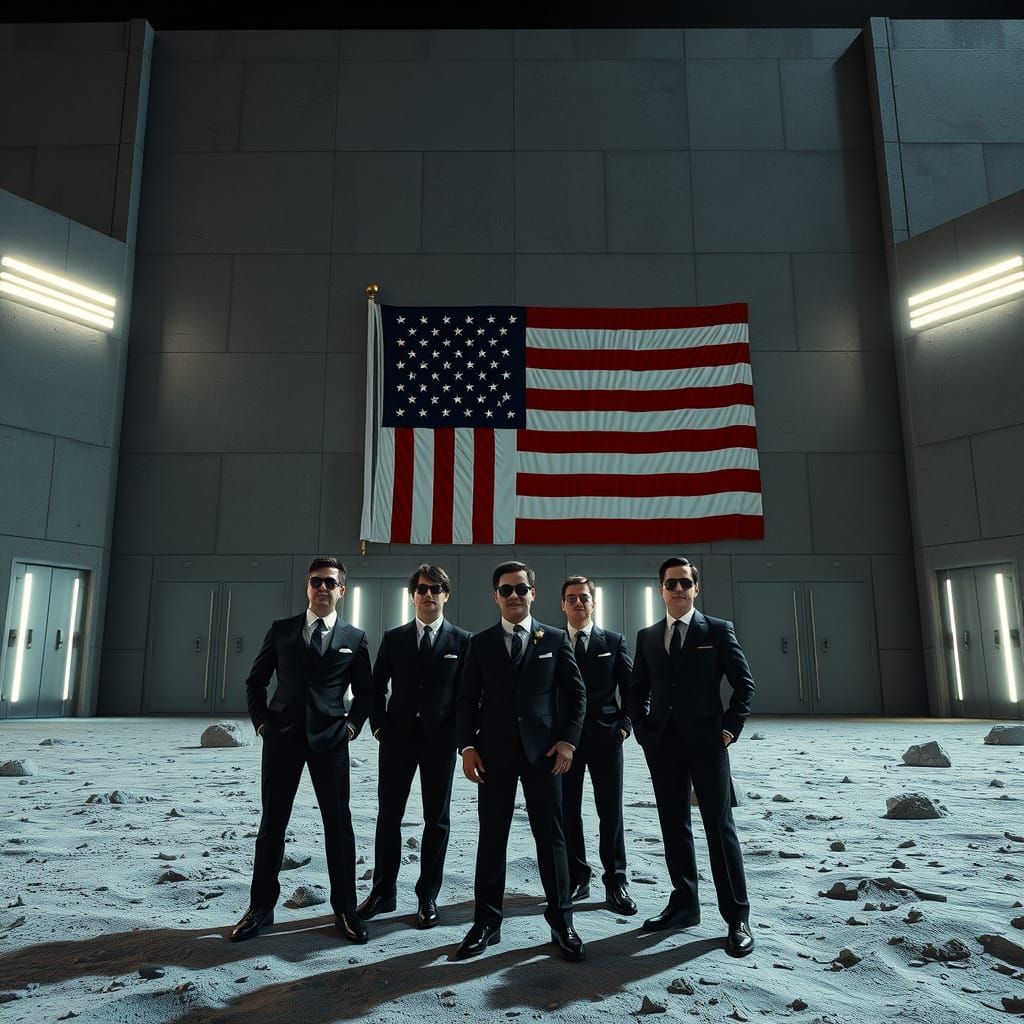 Men in Black Pose in Front of a Fake American Flag... - AI Art