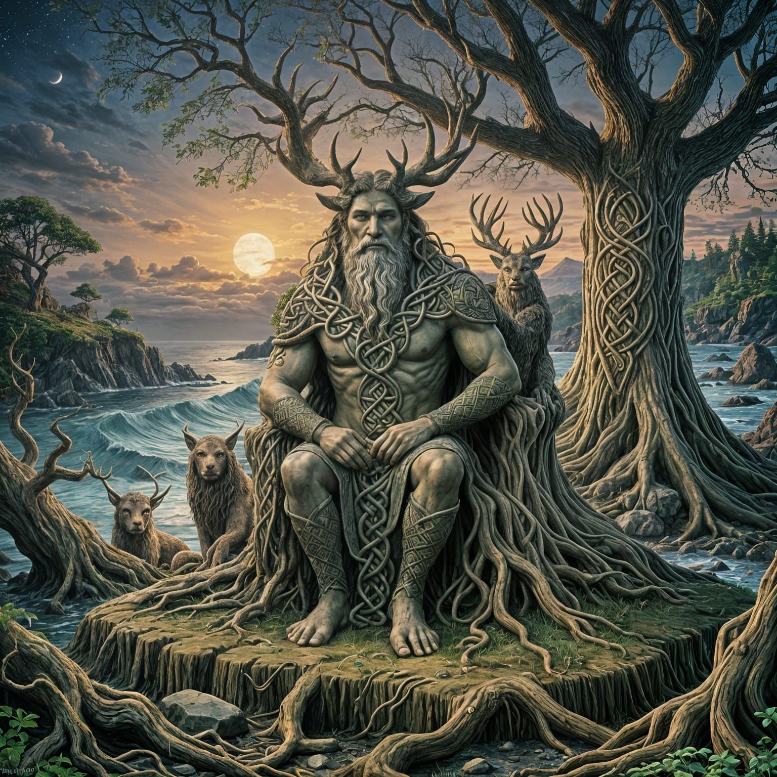 Cernunnos, the horned god, sits on a throne of twisted roots and stone ...