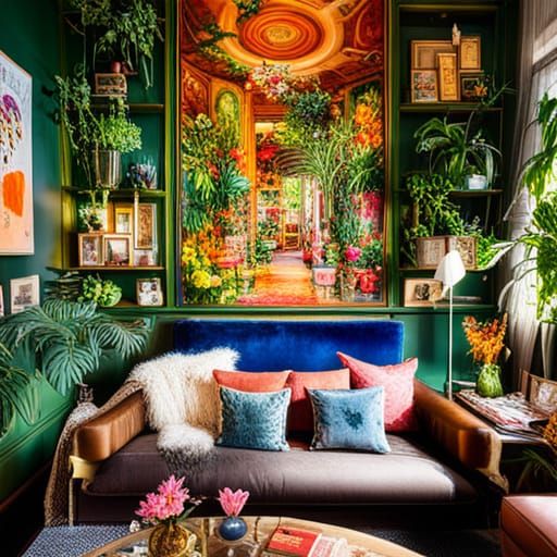 Architectural Digest photo of a maximalist green solarpunk living room ...