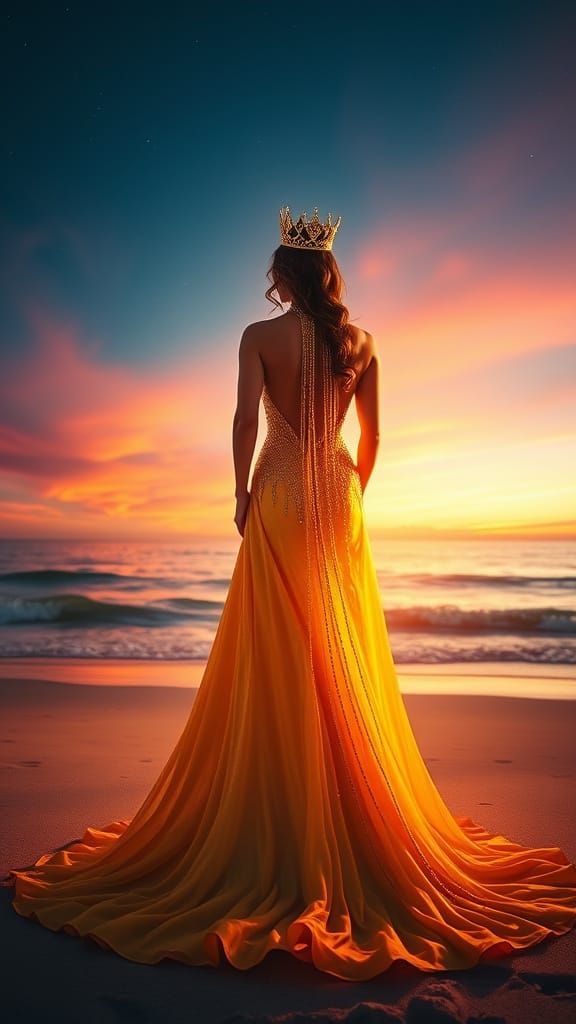 A stunning queen standing on a beach.