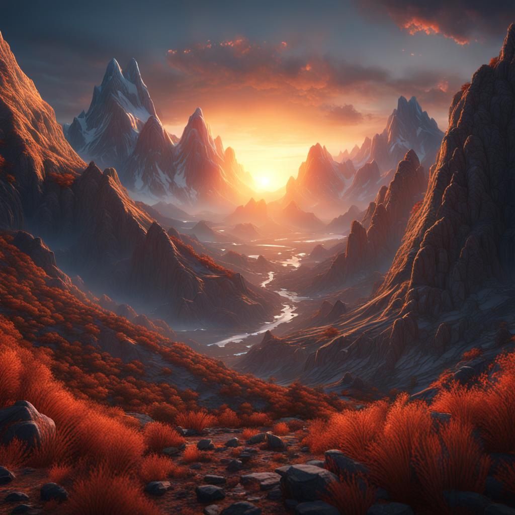 A sun rising between two mountains - AI Generated Artwork - NightCafe ...