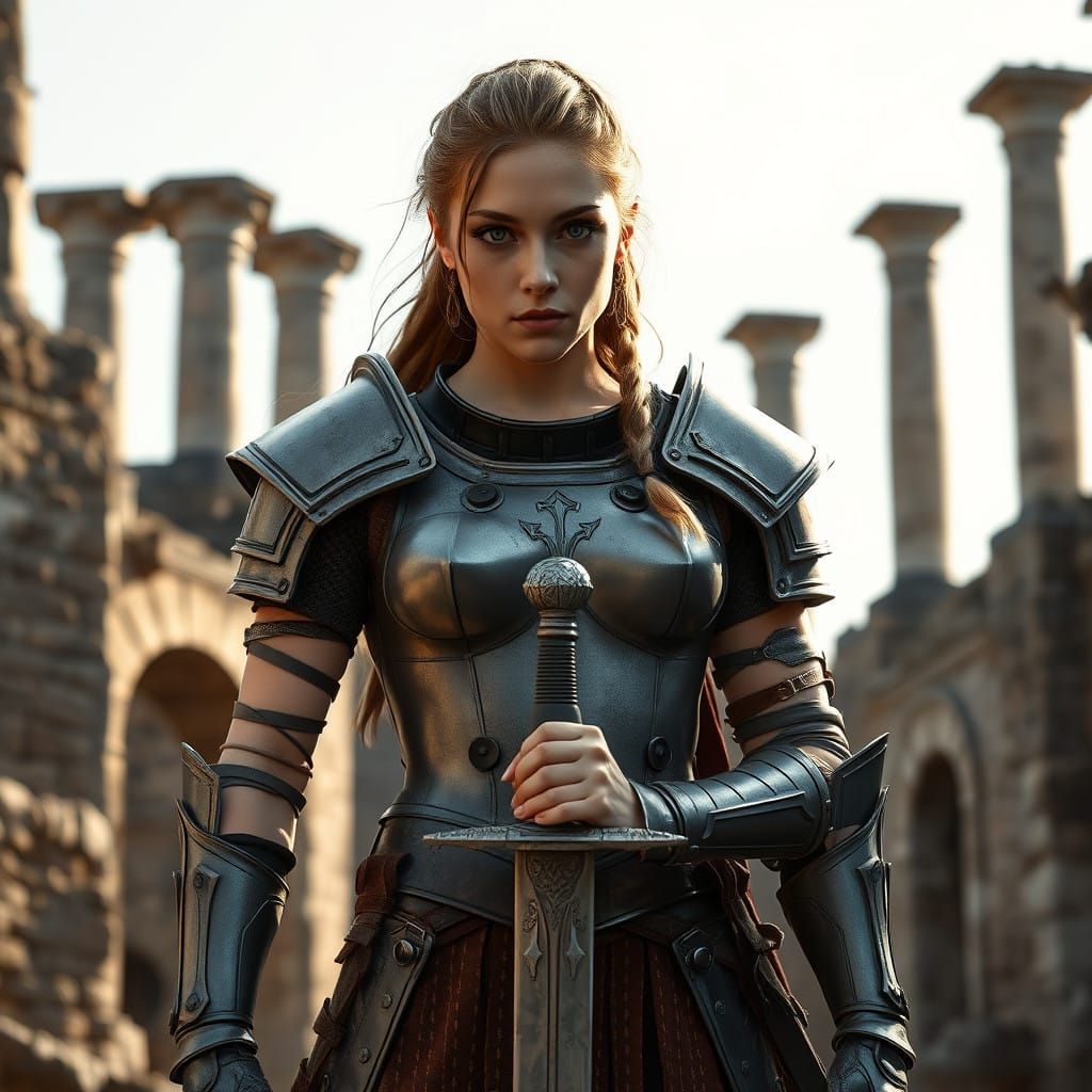 Medieval Warrior Maiden in Gray-Silver Armor - AI Art