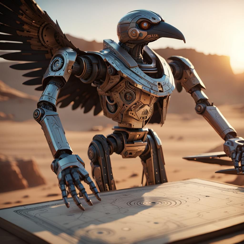A robot-raven uses laser beams from its eyes to scan a piece of ...