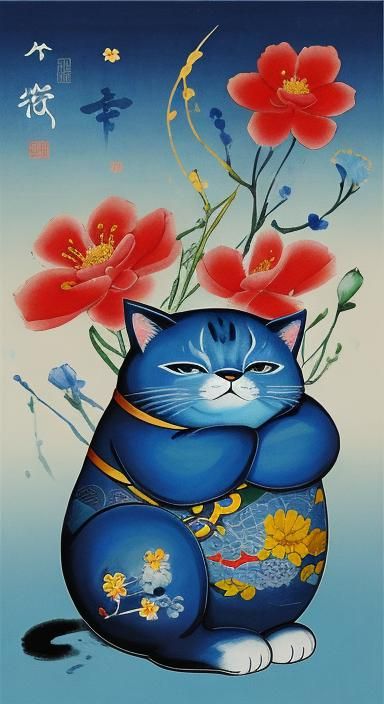 Fat blue cat with flowers / chinese poster - AI Generated Artwork ...