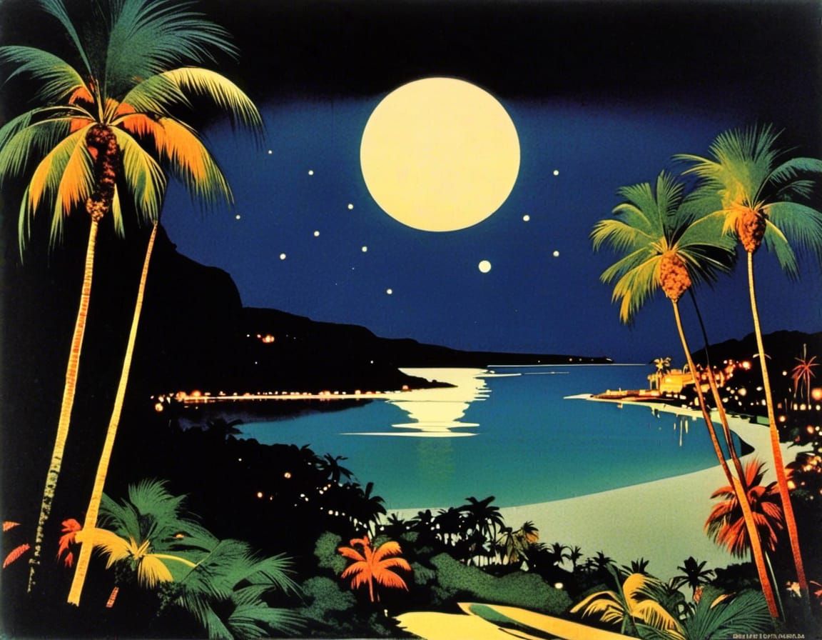Tropical island huge moon and stars palm trees soft focus 1900s ...