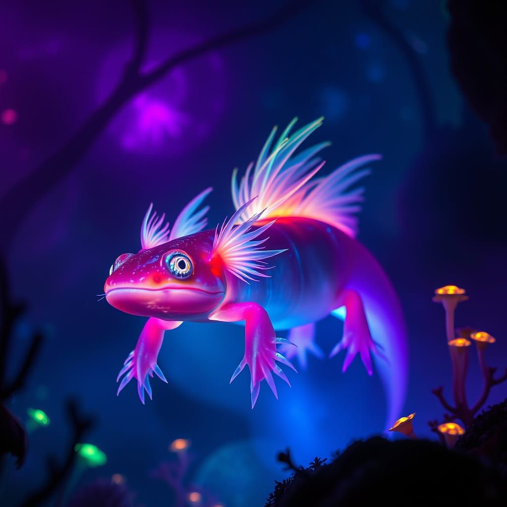 Alien Axolotl - Neon Axolotl in Dreamlike Abyssal Depths