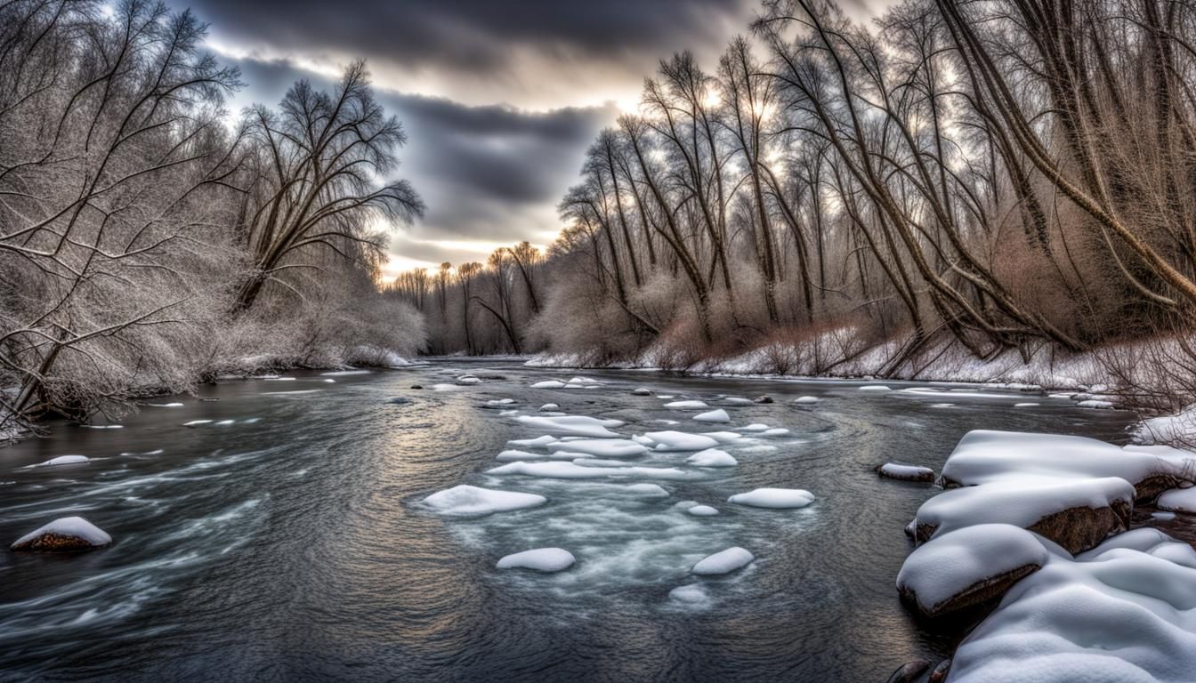 A river running with a large class 5 rapid about 20 feet wide. Along ...