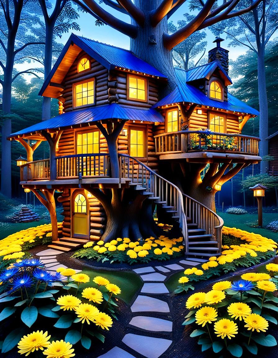 Log Cabin Style Treehouse with Pixy Lights, Blue Passionflower & Yellow ...