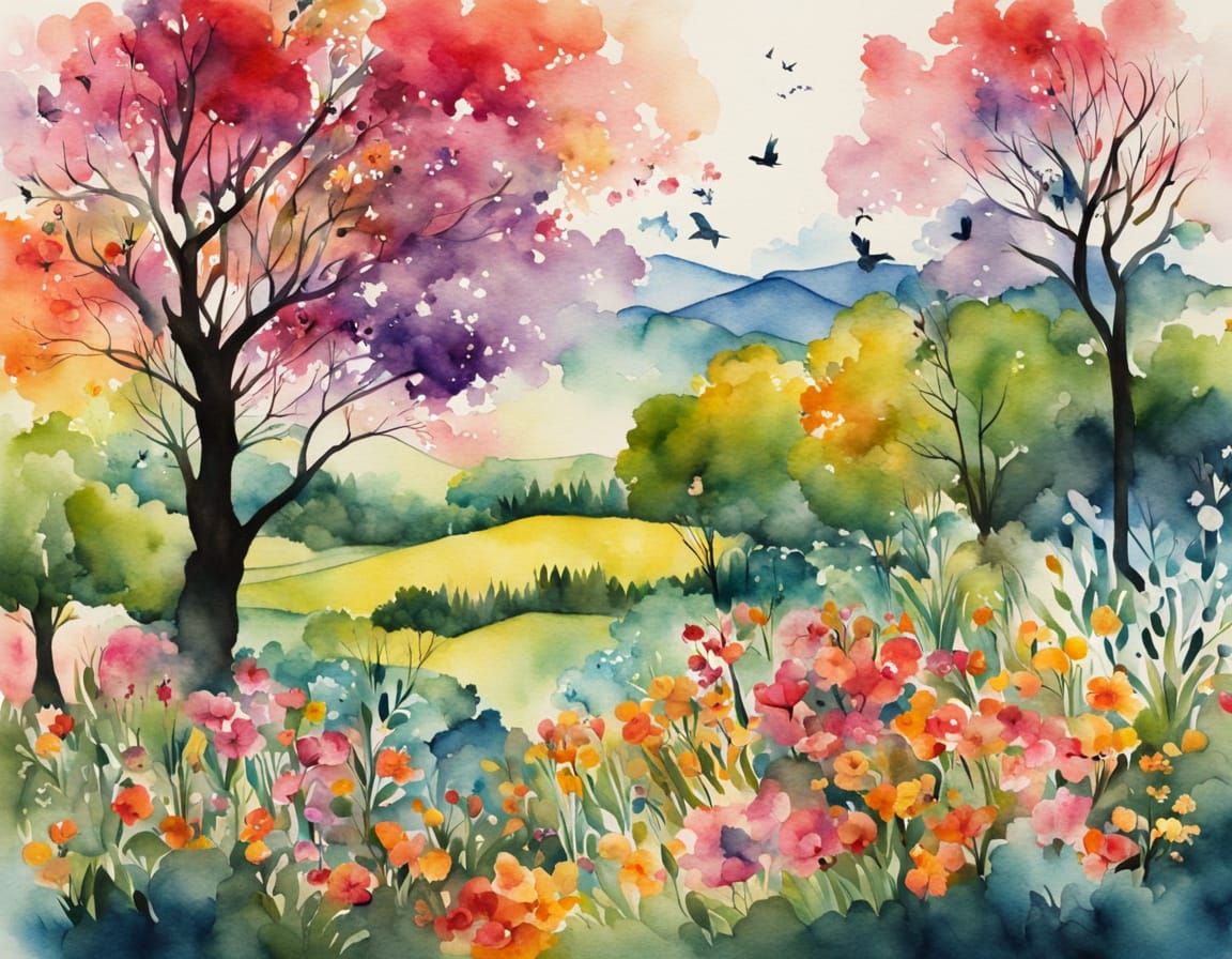 Spring - Vibrant Spring Watercolor Landscape with Whimsical ...