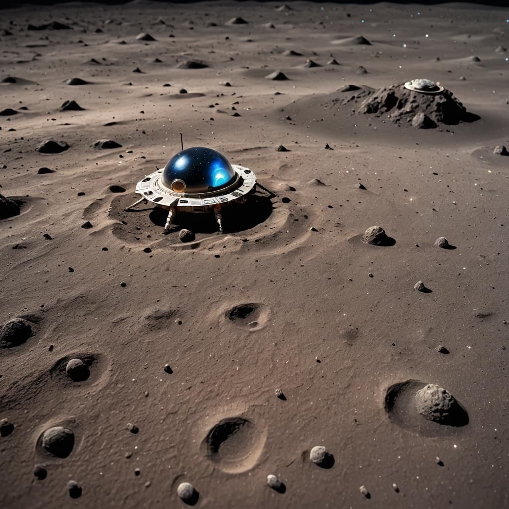Photograph, Macro, miniature alien spaceship on the moon surface ...