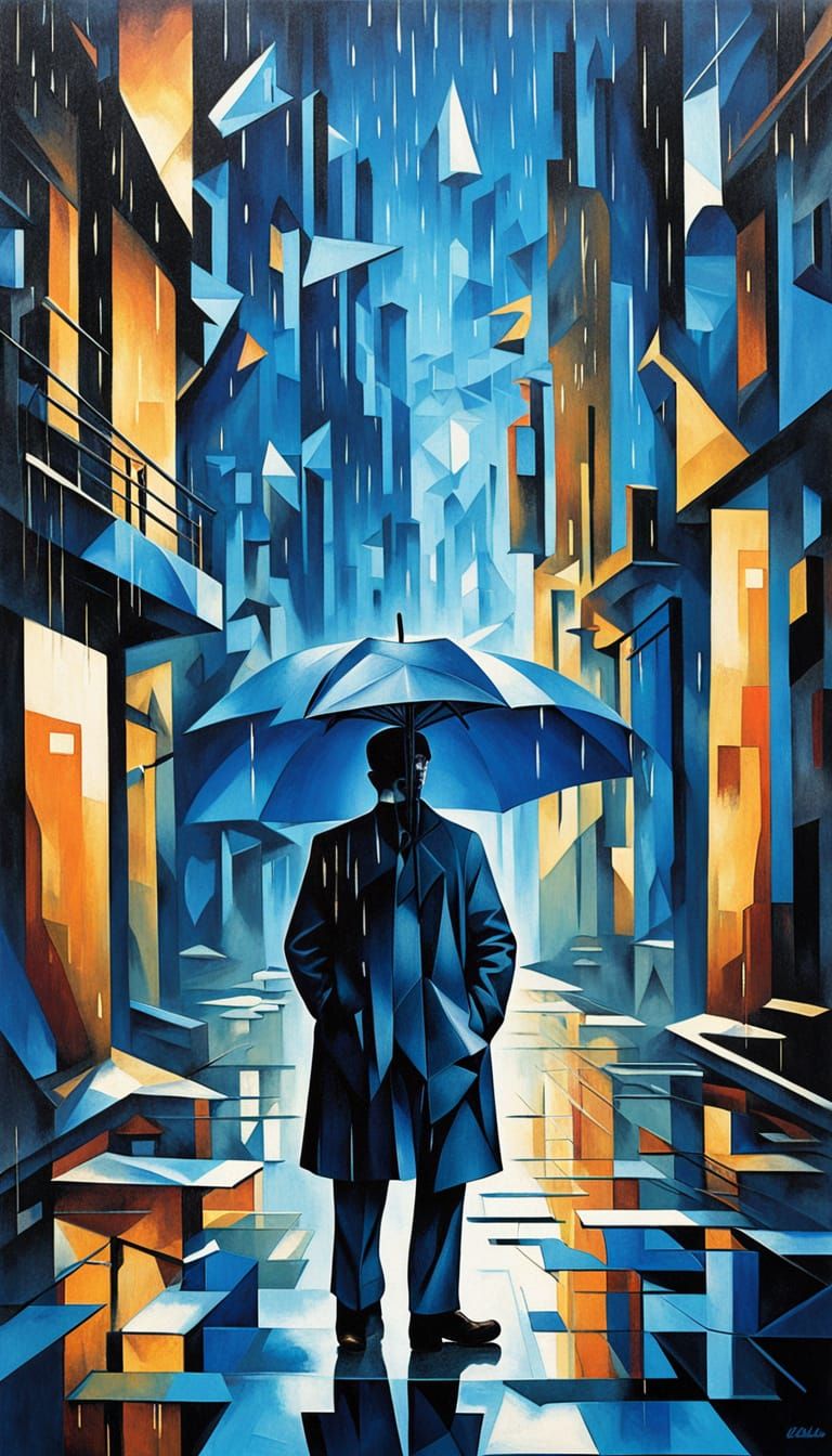 A cubist painting depicts a man standing alone in the pouring rain, his ...
