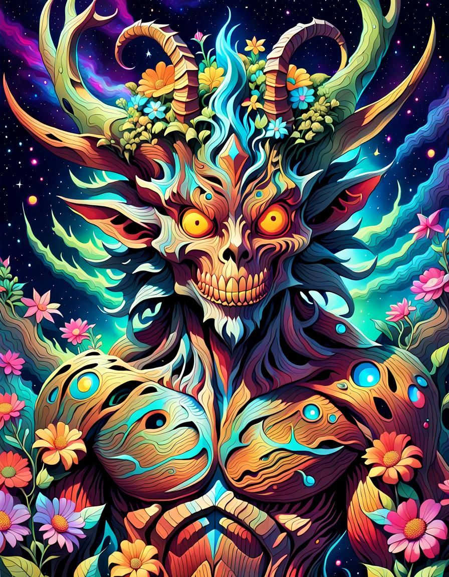 (Hyper detailed psychedelic close up with lots of squiggly lines of a magical demonic dangerous ...