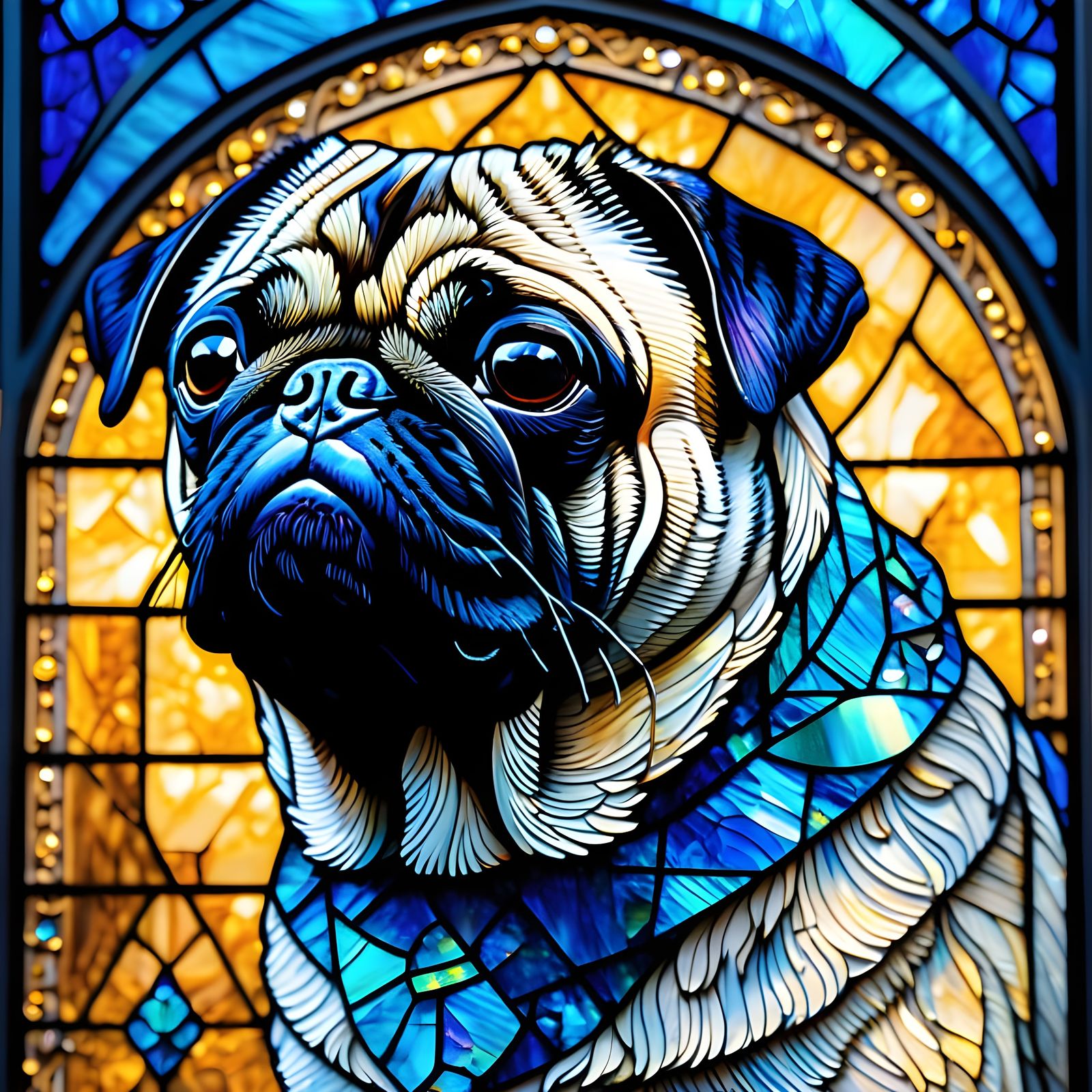 A beautiful stained-glass Pug. - Surreal Stained-Glass Pug i...