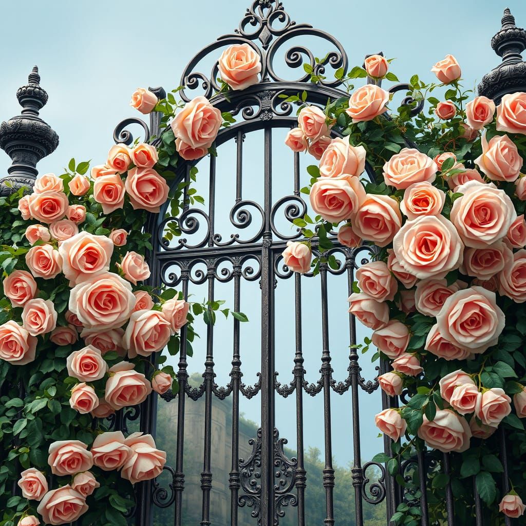 a beautiful gate with roses and foliage.