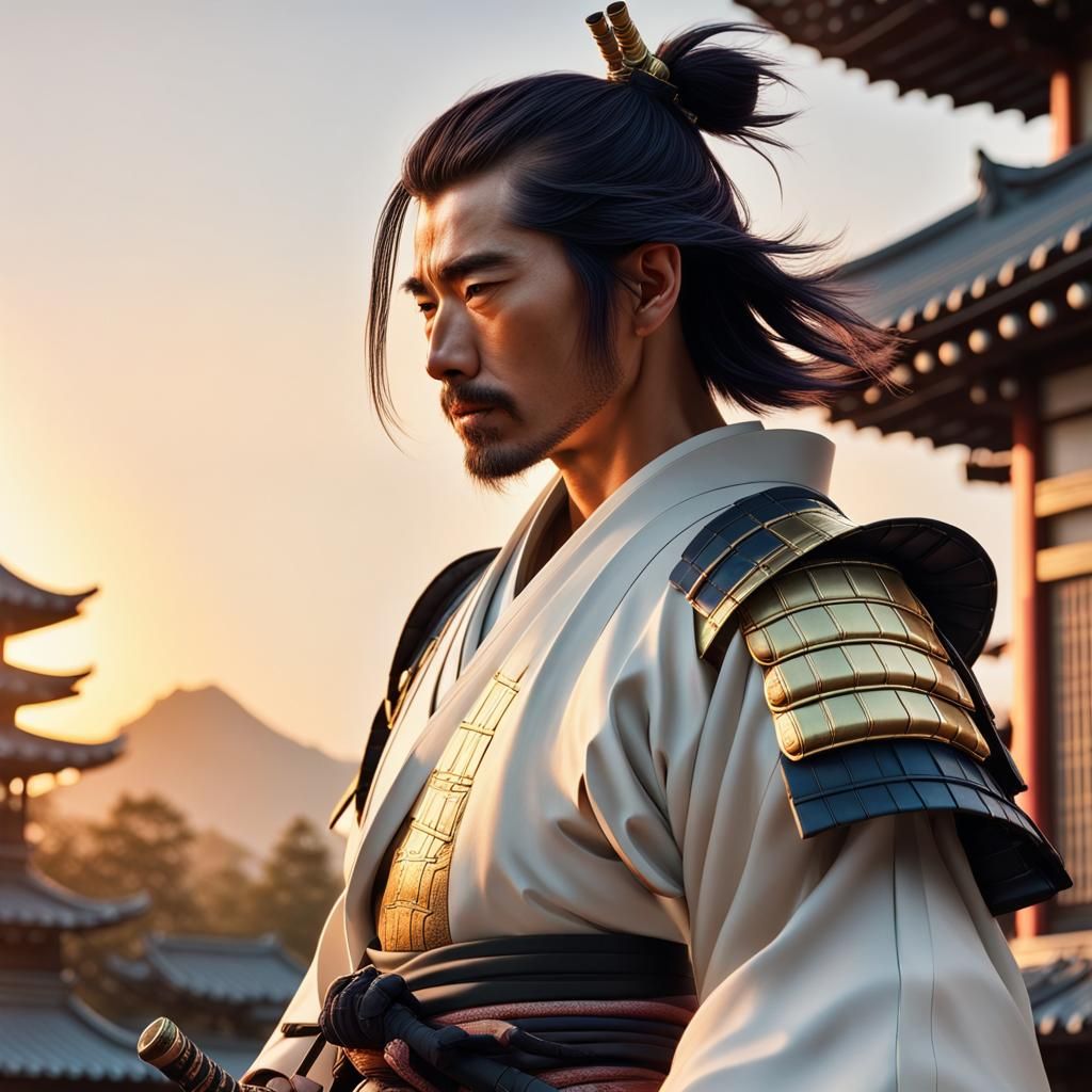 A samurai in the golden hour of sunset, blending traditional elegance ...