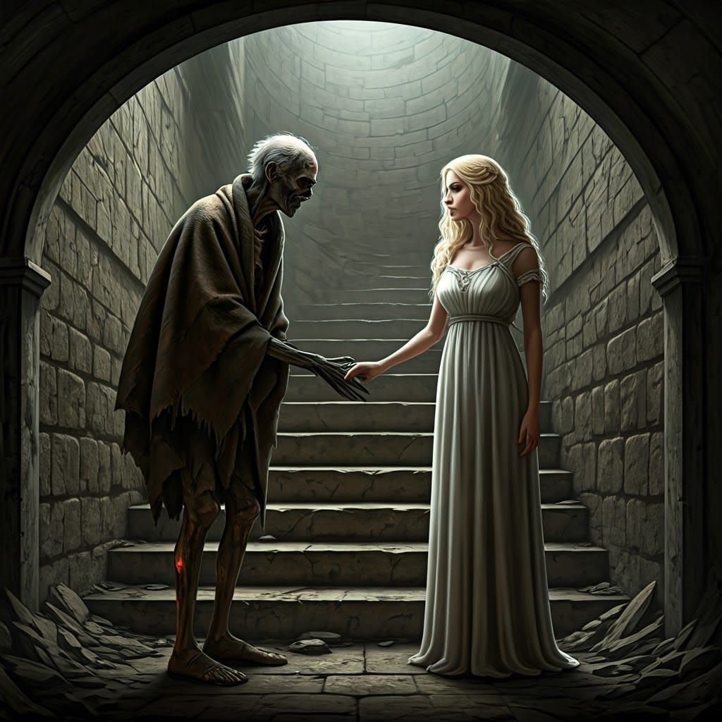 Decrepit Man Stands Beside Elegant Woman in Dimly ... - AI Art