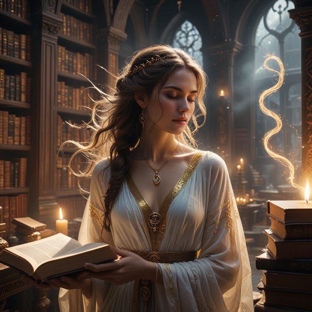 Mystical Priestess in Ancient Library with Etherea... - AI Art