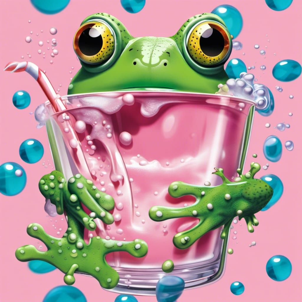 Photo realistic frog in bubble bath with colored bubbles drinking a ...