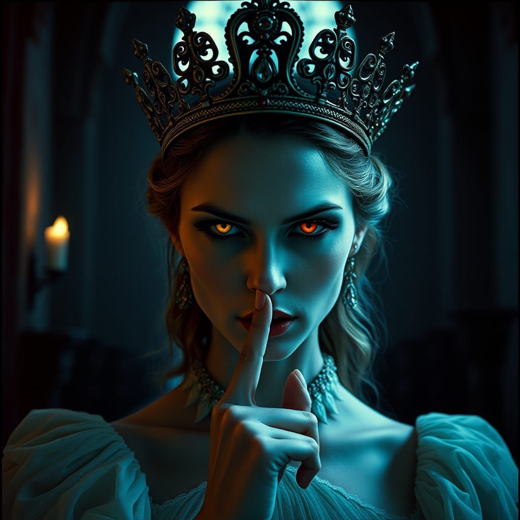 Ethereal Vampire Queen Adorned with Crown in Haunt... - AI Art