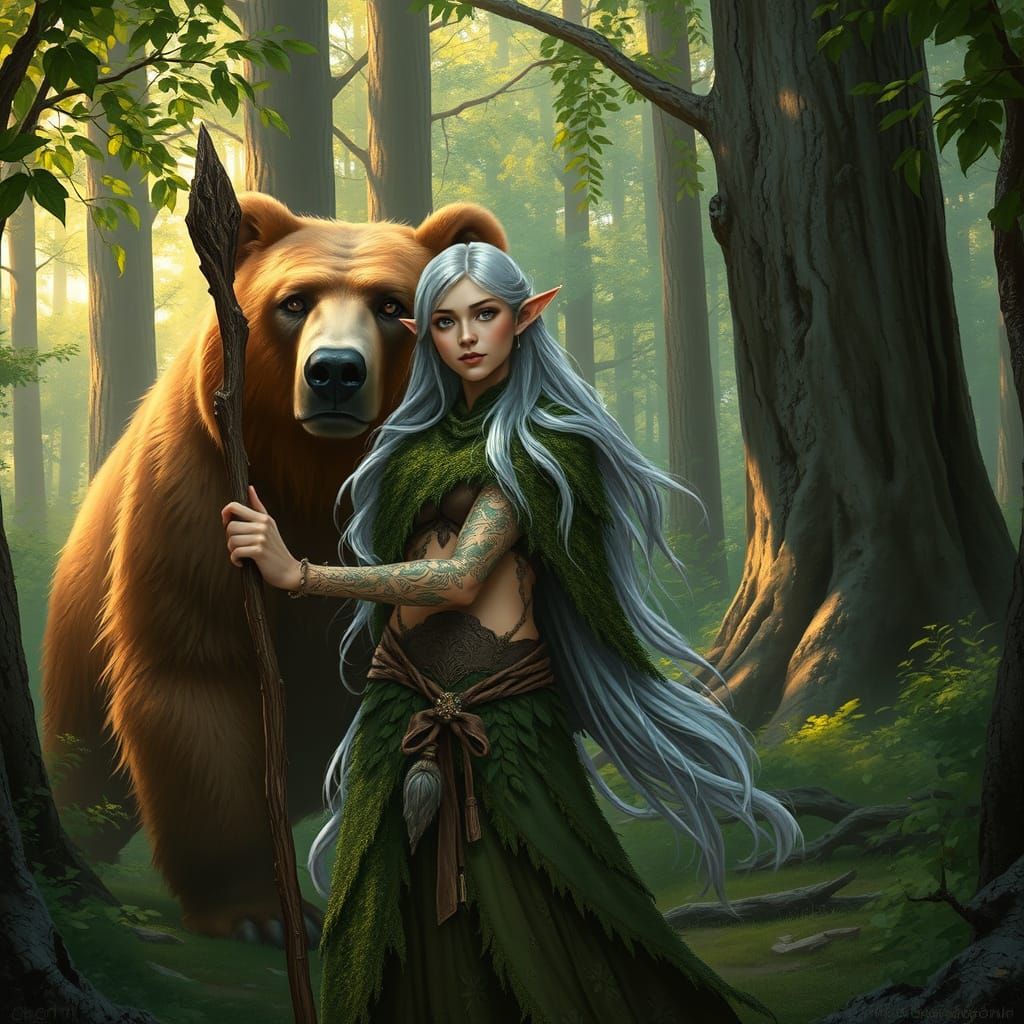 female elf druid and bear - Serene Fantasy Scene with Elf D...