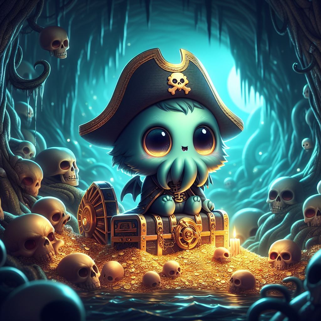 Cute adorable chibi pirate Cthulhu sitting on a treasure in a cave ...