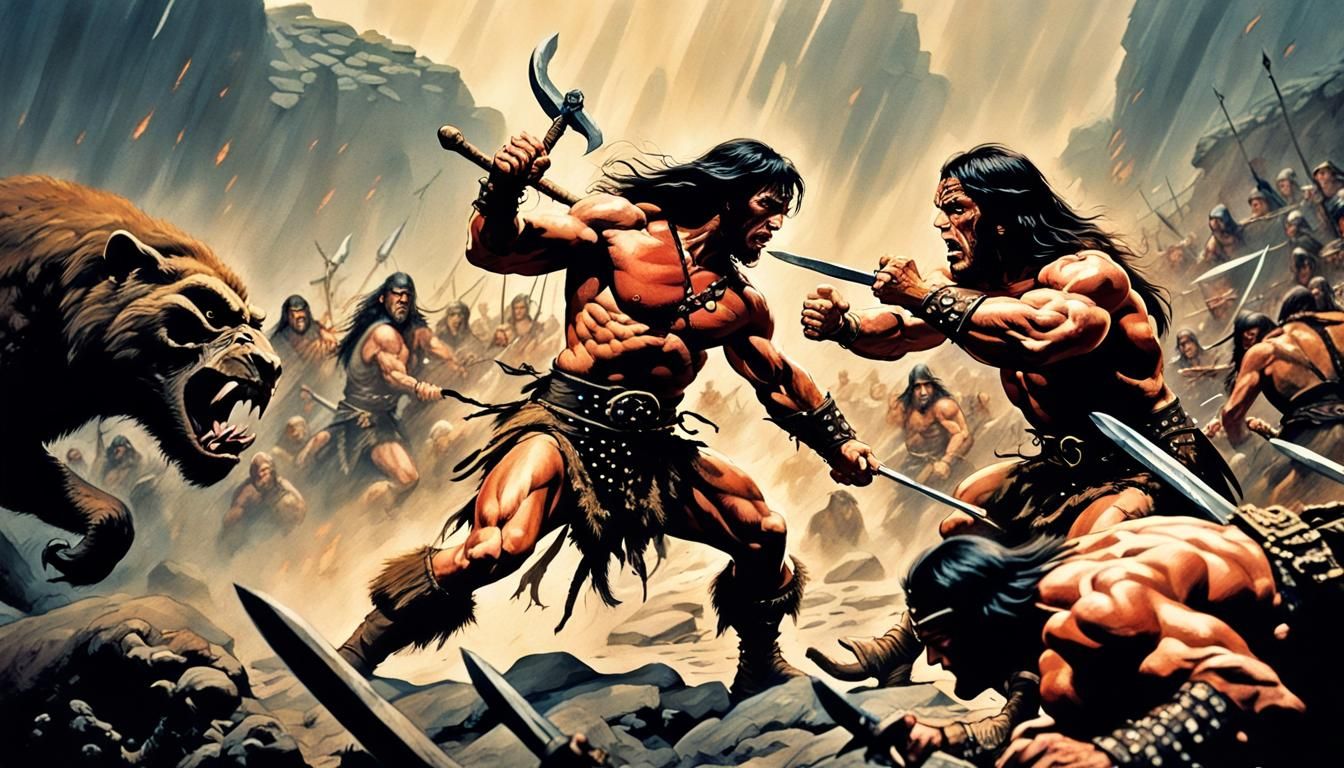 Epic action scene, Conan the barbarian fight, in the style of Frank Frazetta, Mysterious ...