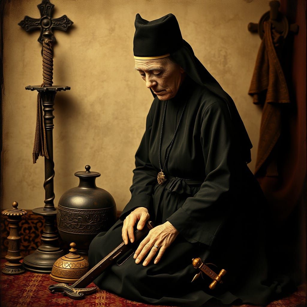Sepia-Toned Devotional Portrait of a Corsican Monk... - AI Art
