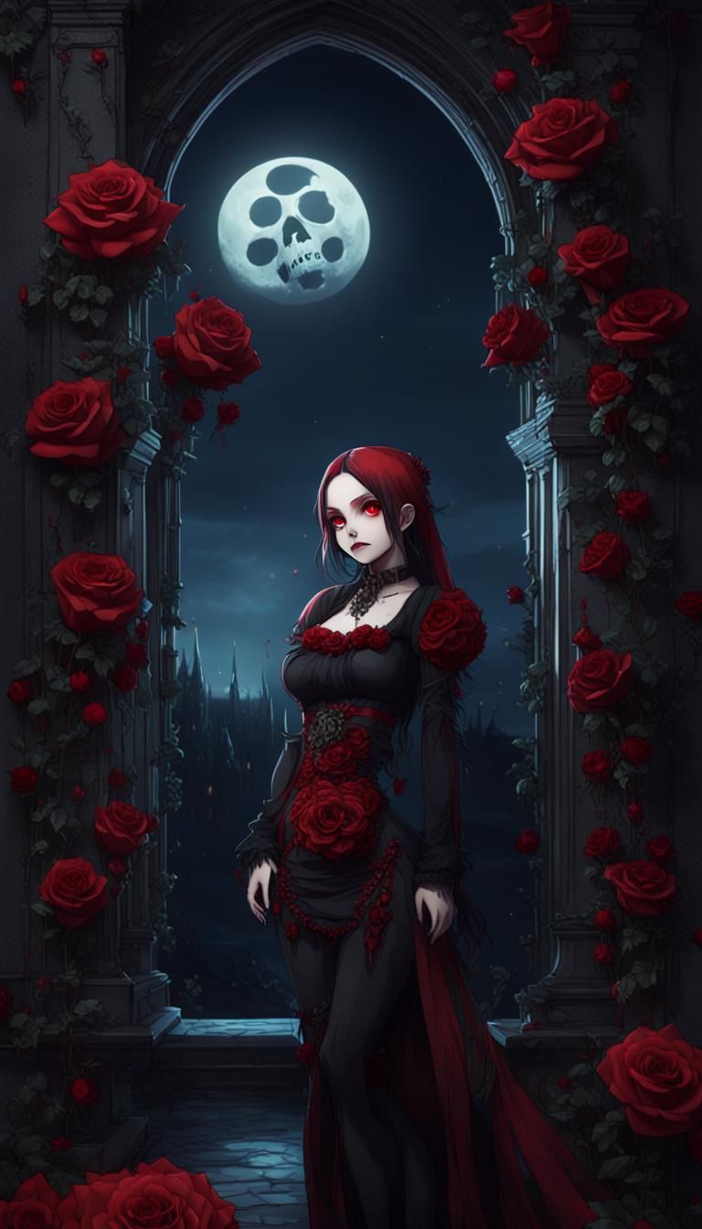 Gothic style ragazzina, red roses, skulls, night, moon by artist "anime ...