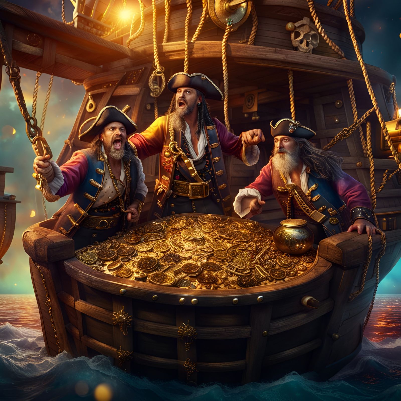 Three pirates celebrating their treasure while transporting it to the ...