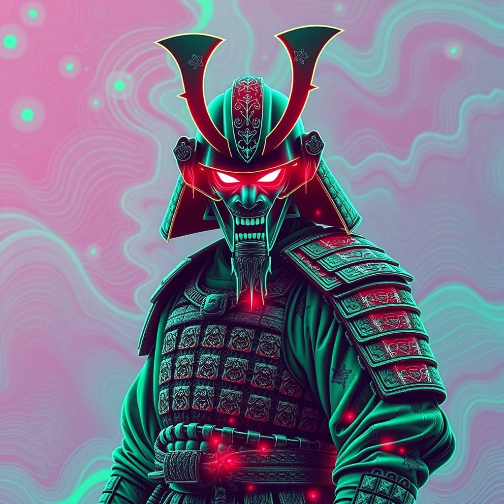 Samurai Warrior in Glowing Pastel Green Armor with... - AI Art