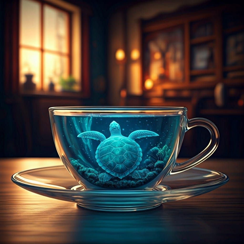 Tea Turtle - Surrealistic Teacup Unveils Glowing Sea Turtle