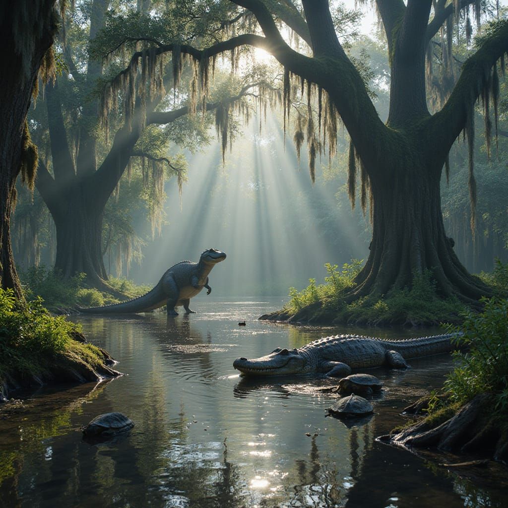 Dinosaurs Roam a Gloomy Cypress Forest Swamp in Vi... - AI Art