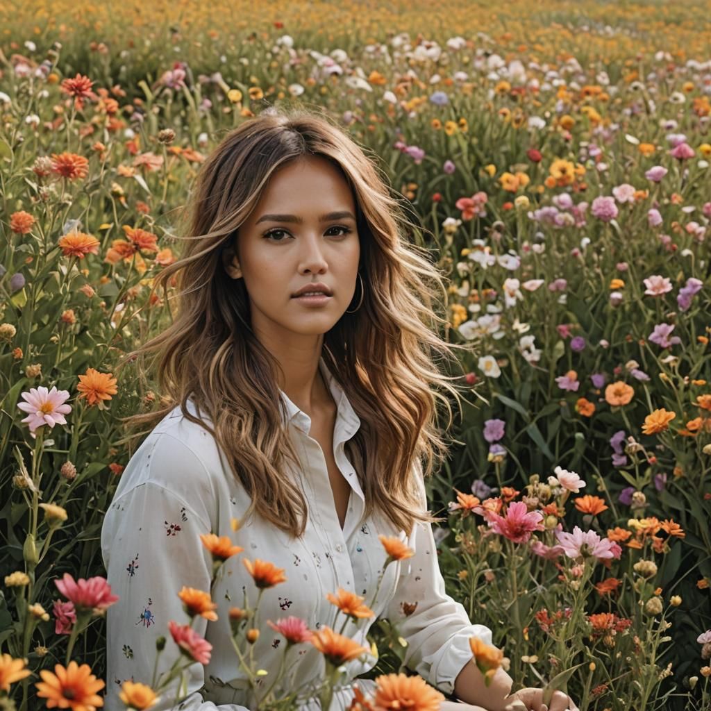 Field of flowers in bloom with jessica alba sitting in the middle with ...