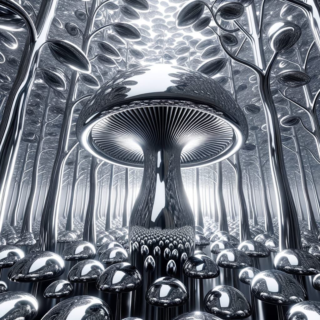 Surreal Chrome Forest with Shiny Mushroom - AI Art
