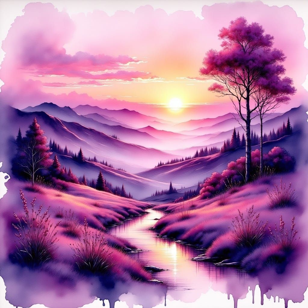 Beautiful purple landscape - Dreamy Watercolor Sunset Landsc...