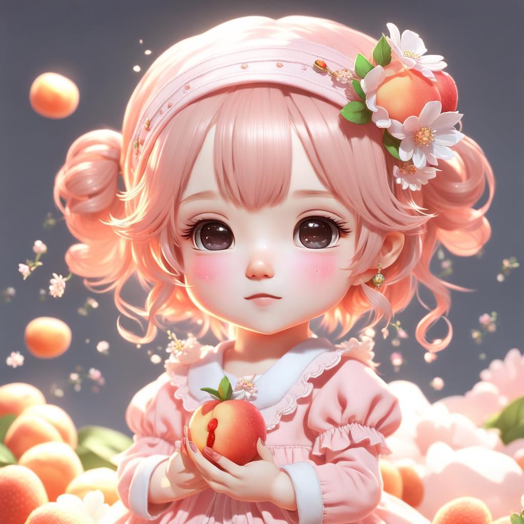 A little darling chibi dressed in soft peach with a headband with tiny ...