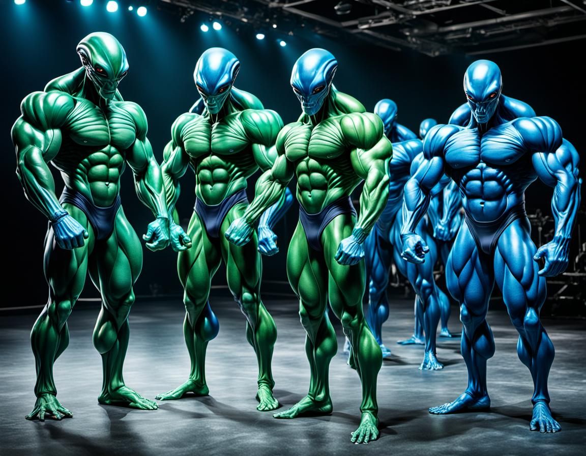 A photorealistic of alien bodybuilders posing at a contest. Each alien ...