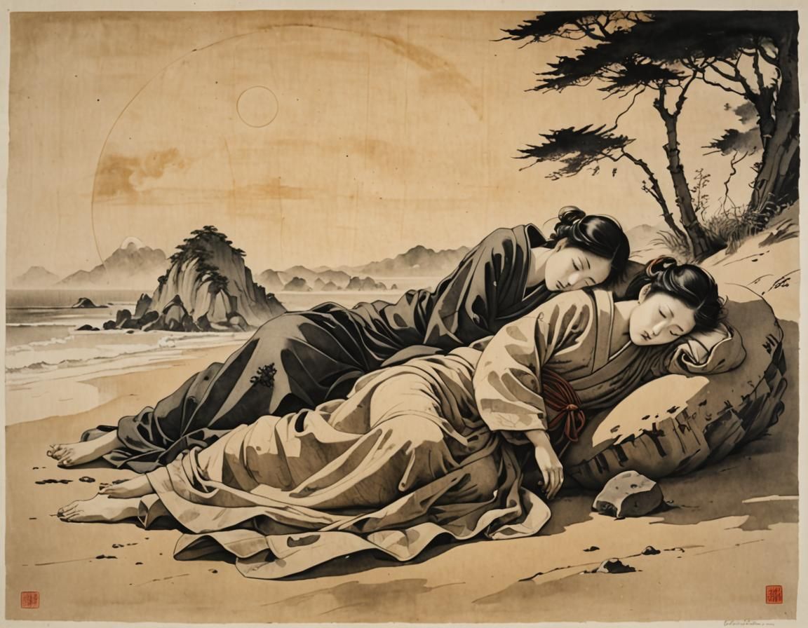 Two lovers sleeping soundly on sheltered beach - AI Generated Artwork ...