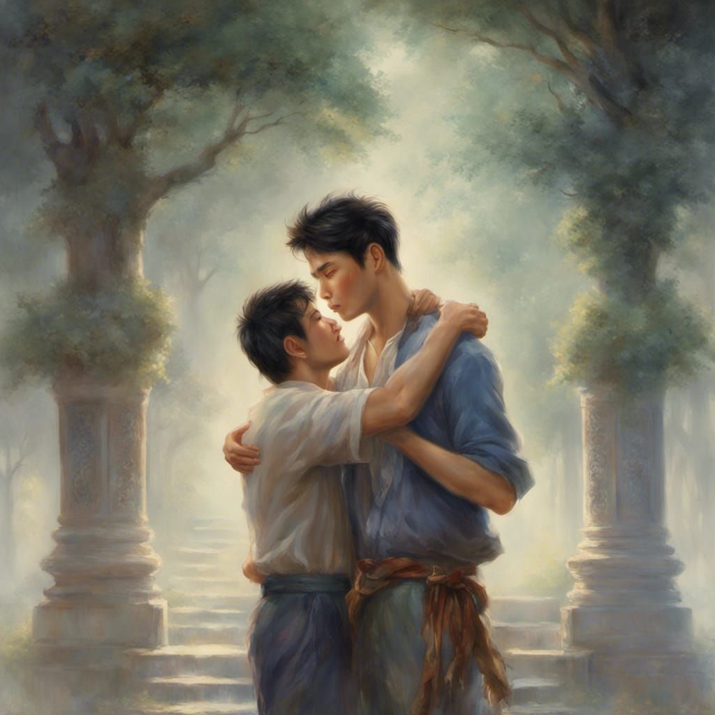 Two handsome Asian men, One tall man was hugging another cute young man ...