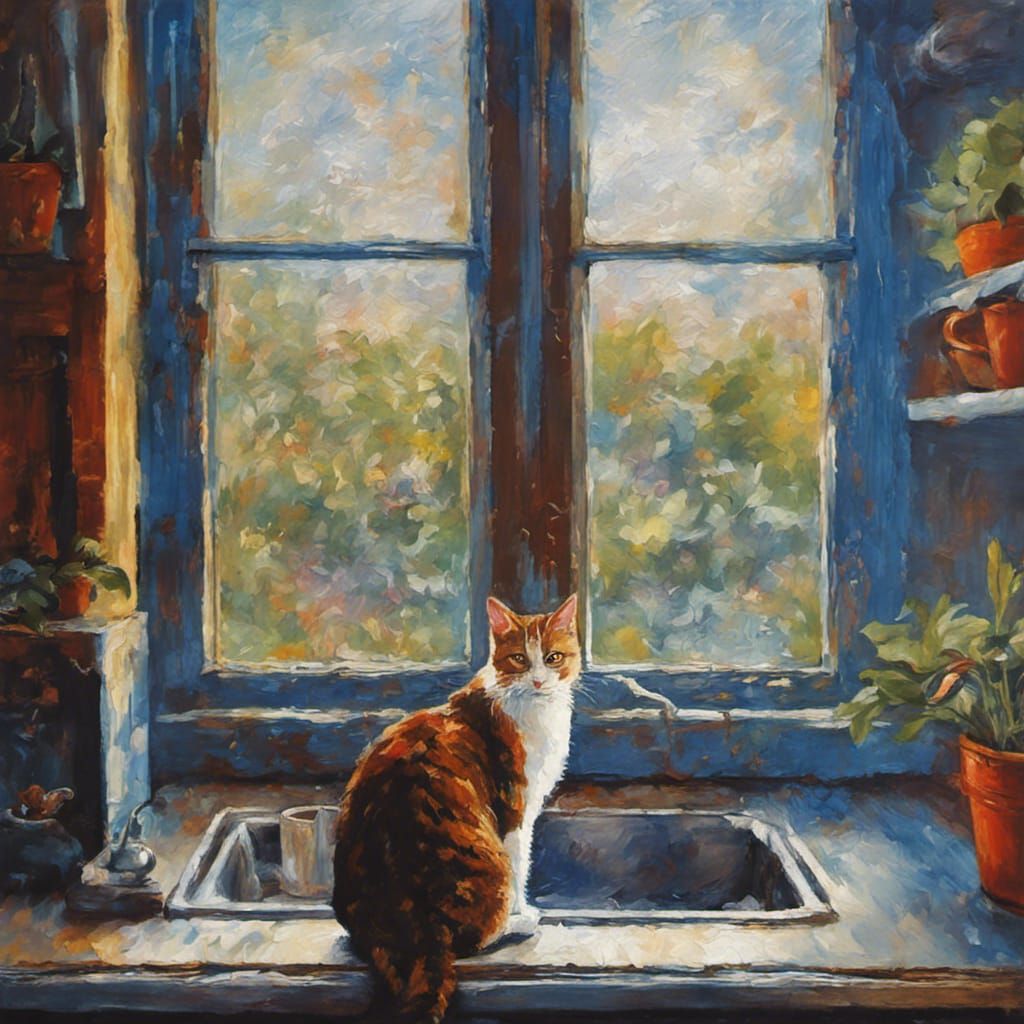 Impressionistic painting of a cat in the kitchen window, Monet, 64k ...