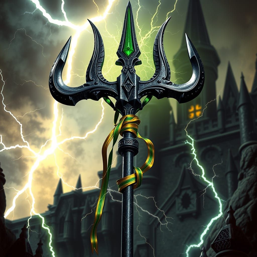 Medieval Fantasy Trident with Lightning, Dark Meta... - AI Art